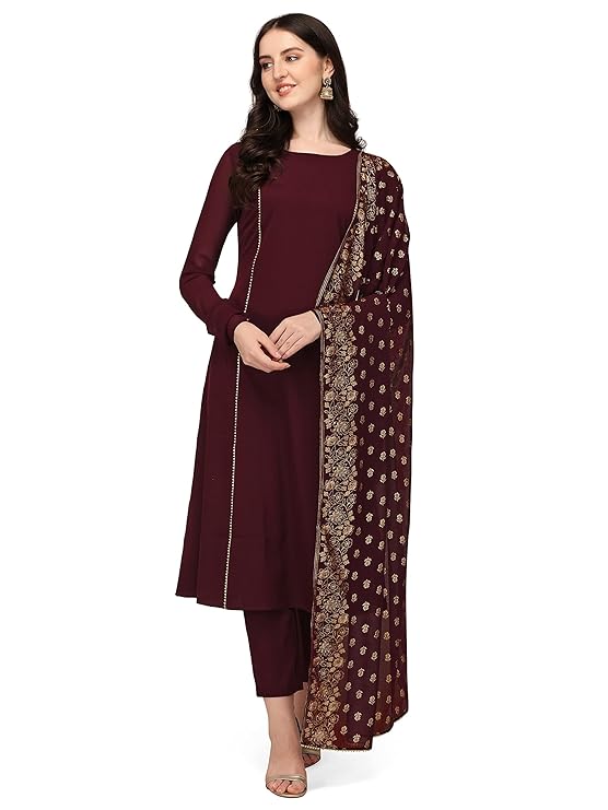 Women’s Maroon Poly Crepe A-Line Kurta Set With Dupatta – Proliting